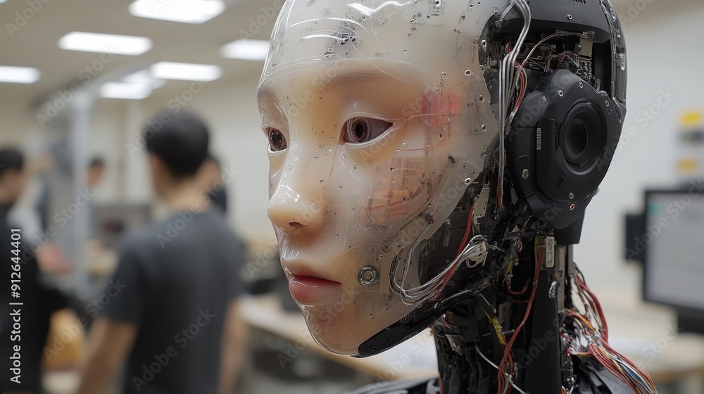 Humanoid robot development facility, teams working on facial ... Humanoid robot development facility, teams working on facial ...