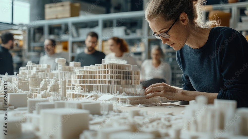 Robotic architecture and construction site, 3D printing robots creating building structures ...