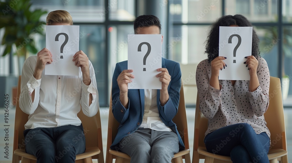 Young people hiding faces behind paper sheets with question marks while ...
