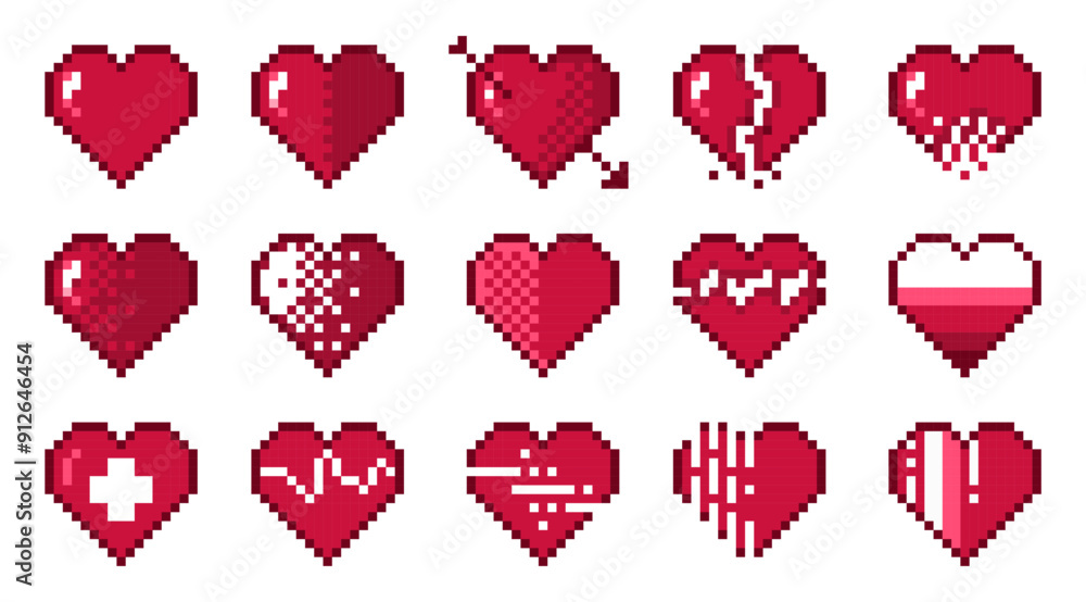 Vetor de Pixel hearts. Retro 8 bit abstract love symbols, pixelated ...
