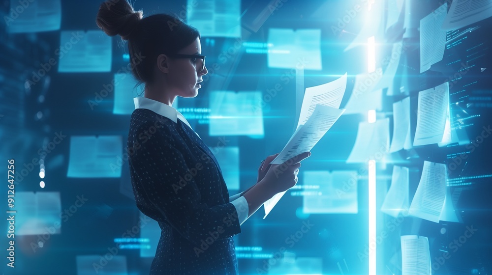 Document management concept businesswomen check electronic documents on ...