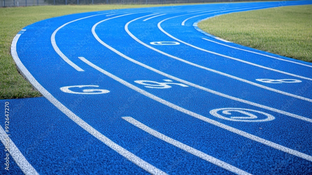 Blue running track with white numbers on the ground, isolated in front ...