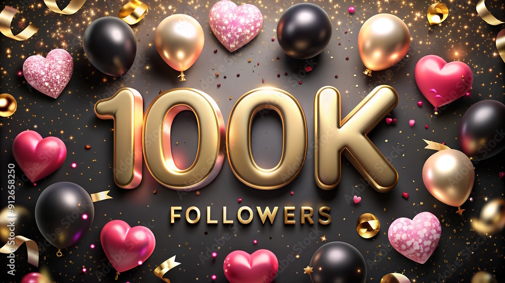 100k followers golden text with pink- black hearts balloons on glitter ...