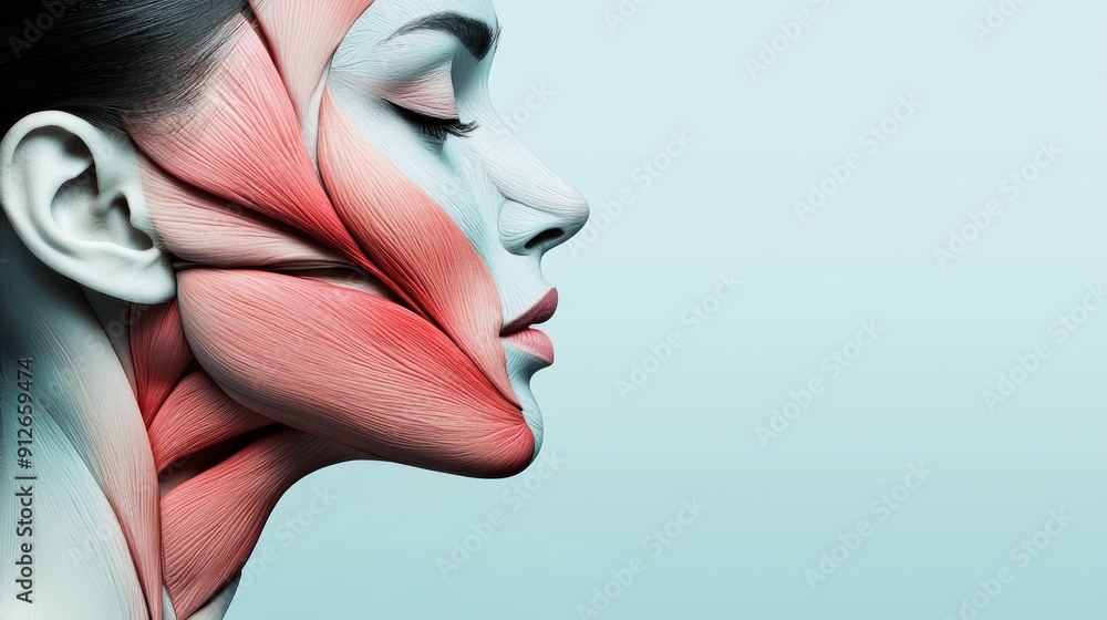 Side profile of a woman's face with visible facial muscles, rendered in ...