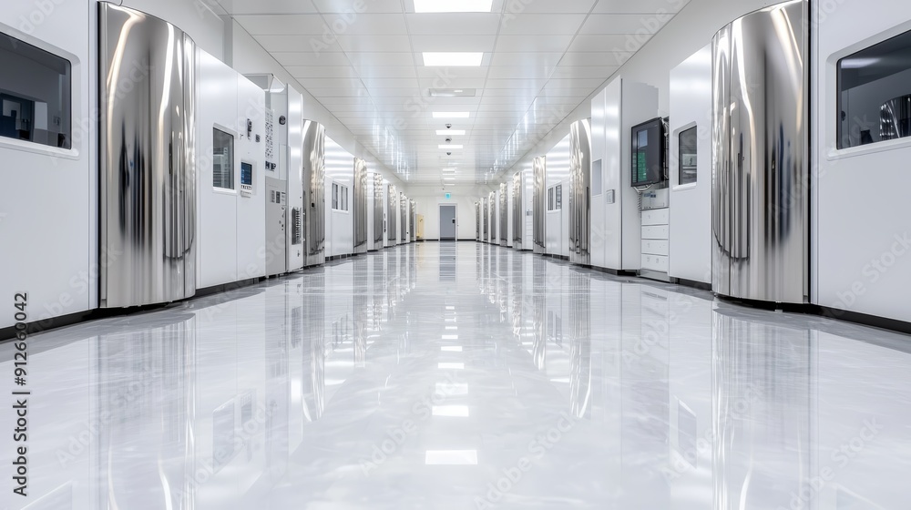 Modern, pristine laboratory corridor with reflective white floors and ...
