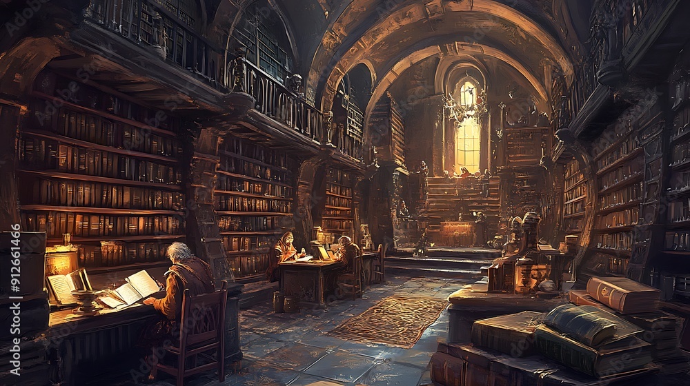 An ancient dwarfs' library filled with towering bookshelves, ancient ...