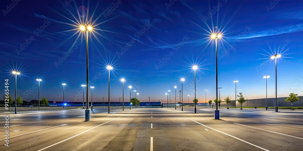 Parking lot with tall light poles illuminating the area at night under blue sky, parking lot ...