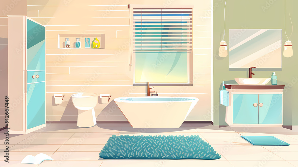 Bath room interior with bathtub and toilet bowl, cabinets and mirrors ...