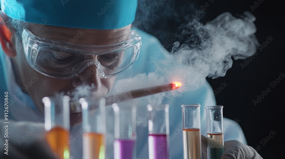 Biowarfare chemist mixing substance in tubes with bubbling liquids ...