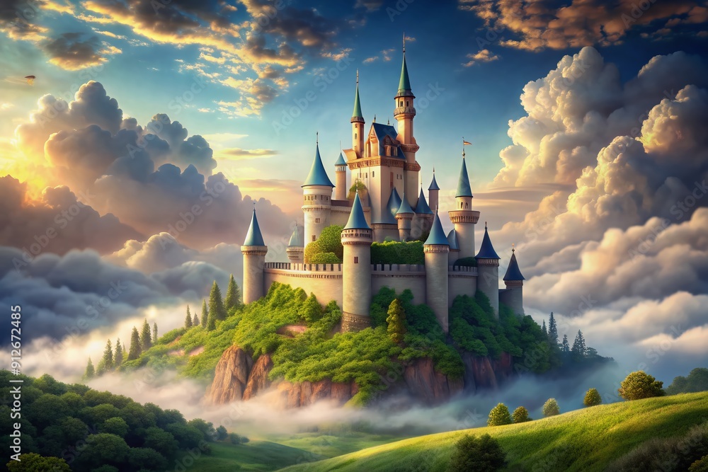 Majestic fairy tale castle with towering turrets and sparkling spires ...