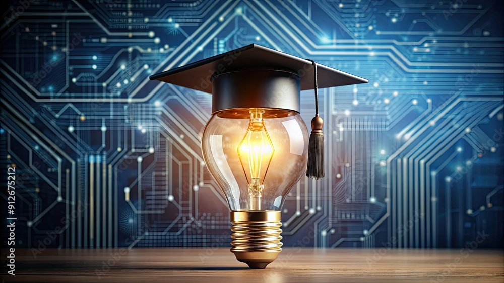 Glowing graduation hat on a light bulb against a modern tech background ...
