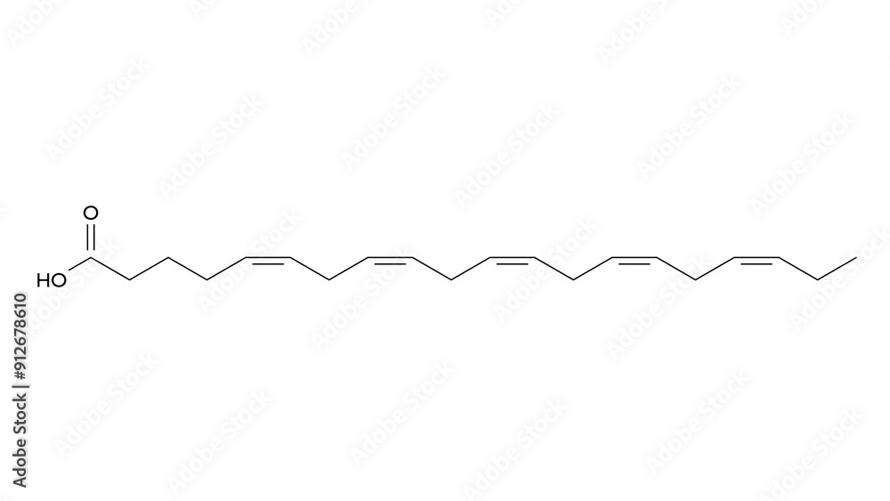 eicosapentaenoic acid molecule, structural chemical formula, ball-and ...