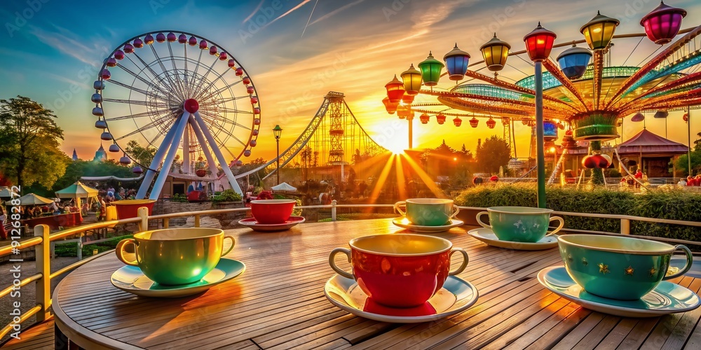 Vibrant colors of spinning teacups and twinkling Ferris wheel lights ...