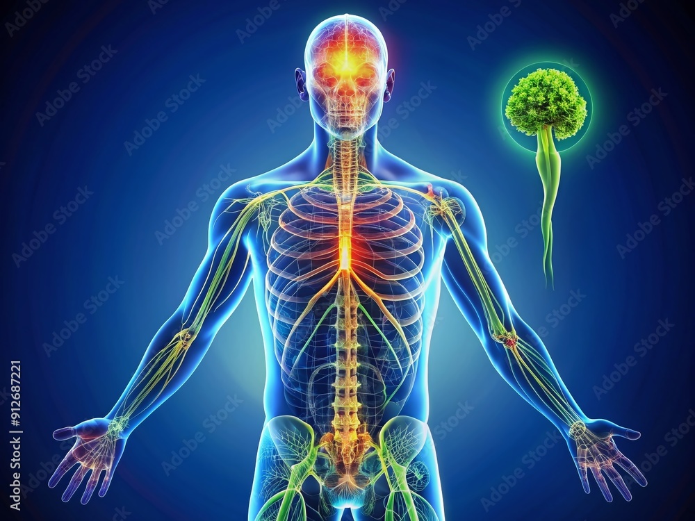 Illustration of the human nervous system and body, highlighting areas ...