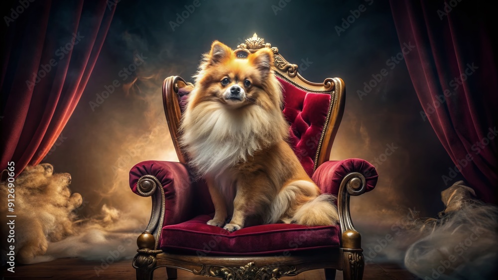 A whimsical Pomeranian dog sits elegantly on a velvety throne ...