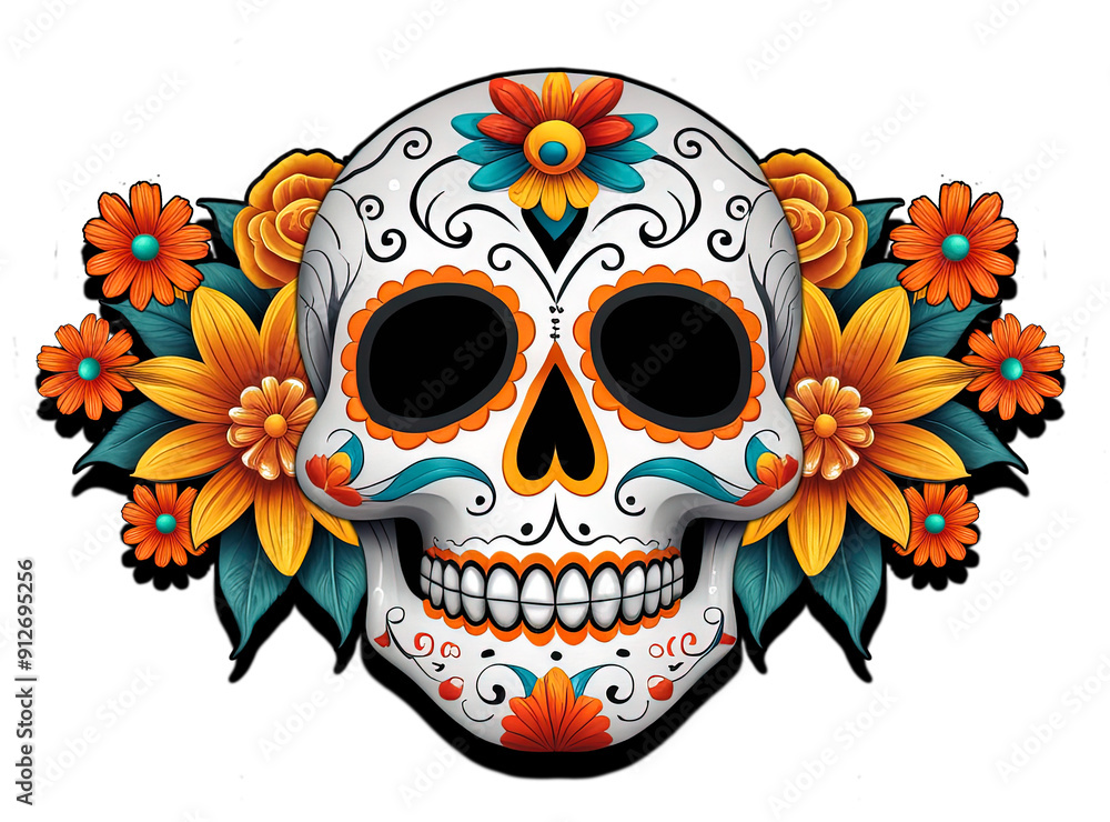 Calavera decorada con flores naranjas y amarillas, patrones coloridos ...