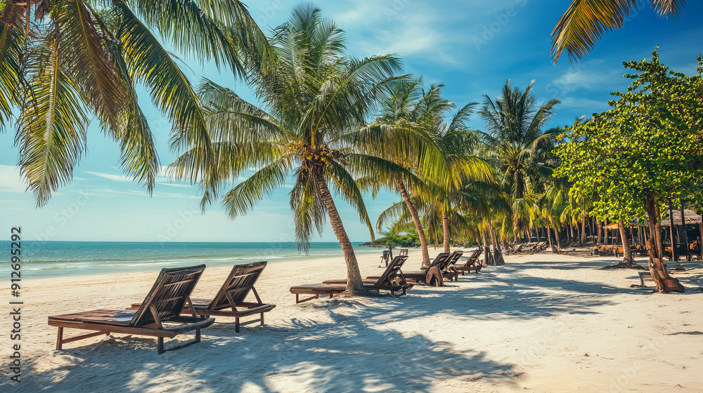 Sunbeds beneath tropical palm trees on a beach on Phu Quoc Island ...
