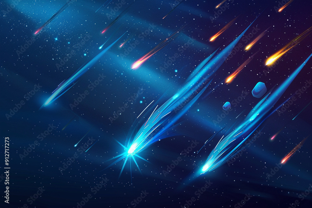 Falling comets asteroids or meteors with blue flame trail in cosmos. Vector realistic ...