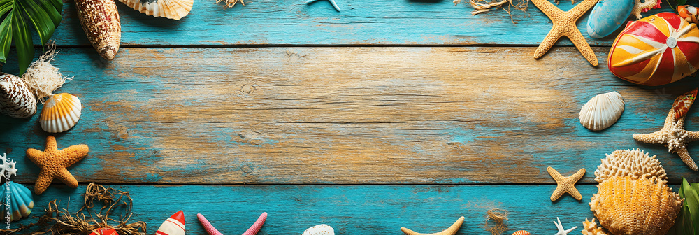 Rustic summer background with wooden signpost and colorful beach items ...