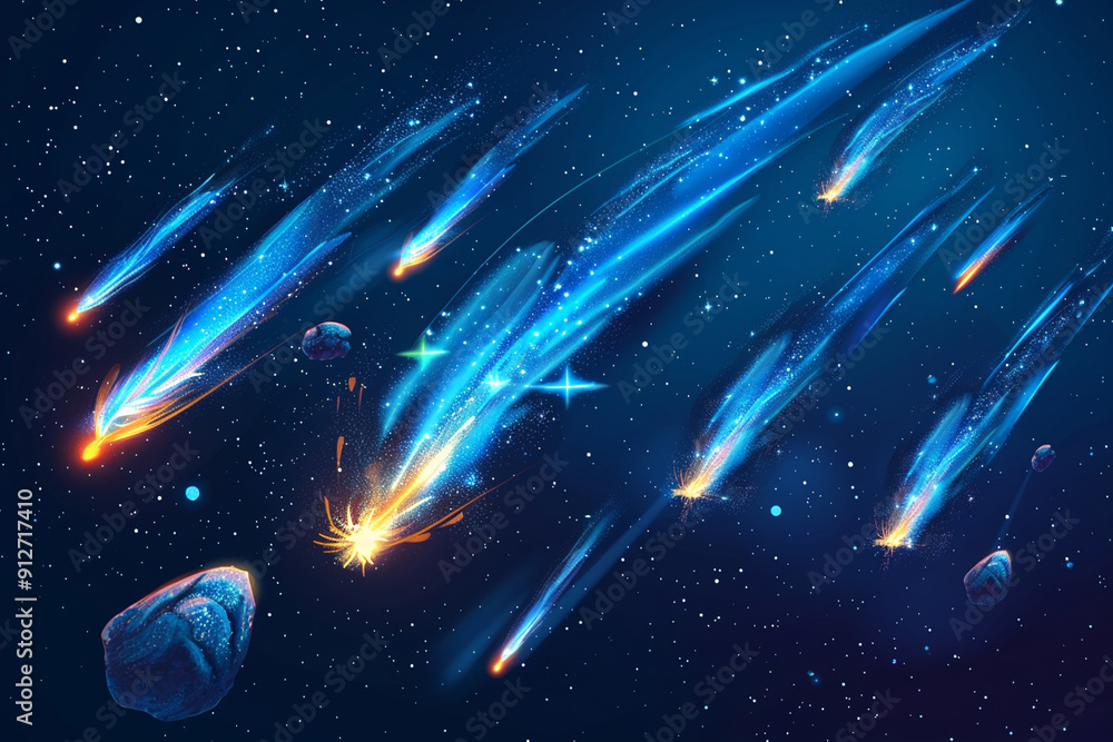 Falling comets asteroids or meteors with blue flame trail in cosmos. Vector realistic ...