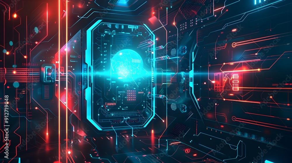 Futuristic depicting an advanced system as a sleek high tech computer ...