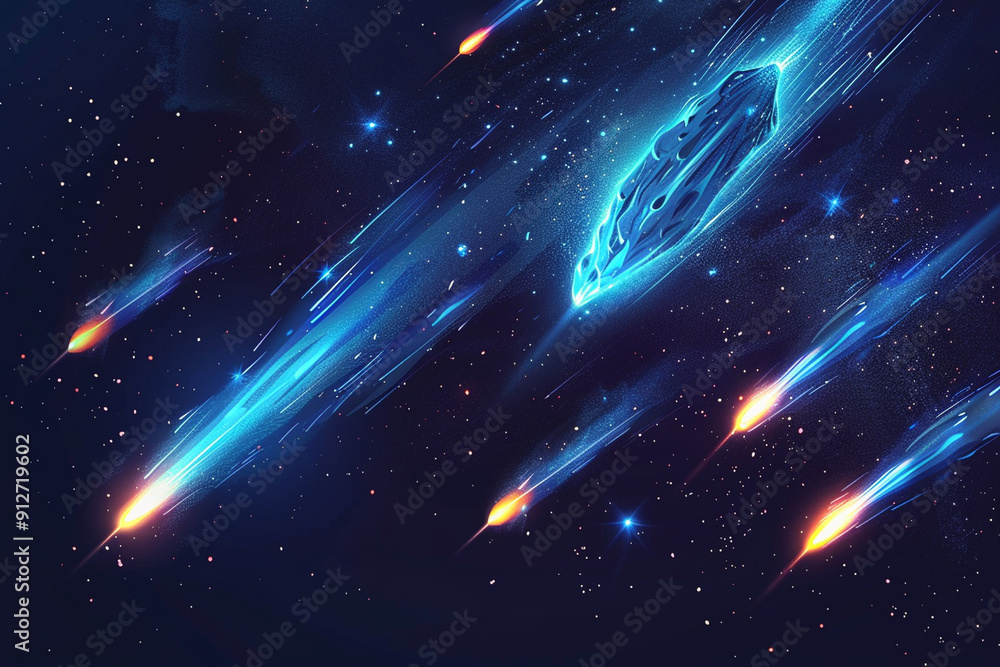 Falling comets asteroids or meteors with blue flame trail in cosmos. Vector realistic ...