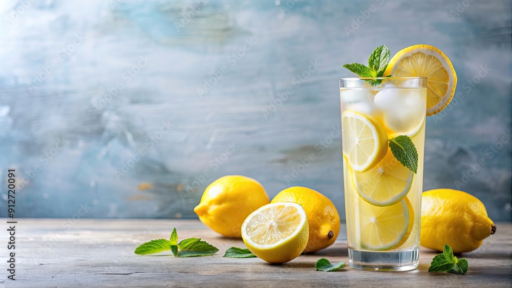 Tall glass of refreshing lemonade with ice cubes and lemon slice, lemonade, glass, ice cubes ...