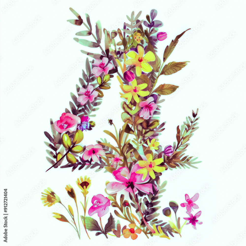 Watercolor Number Four with Nature Background. Violet Purple Eucalyptus ...