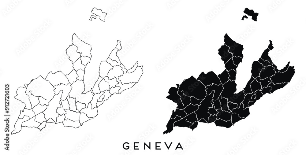 Geneva map of regions districts vector black on white and outline Stock ...