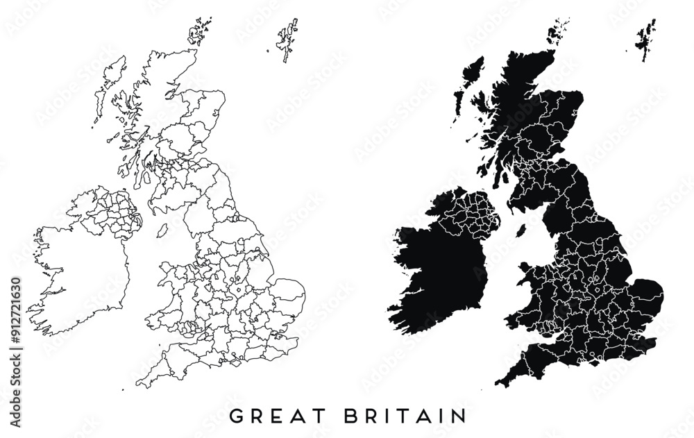 Great Britain map of regions districts vector black on white and ...