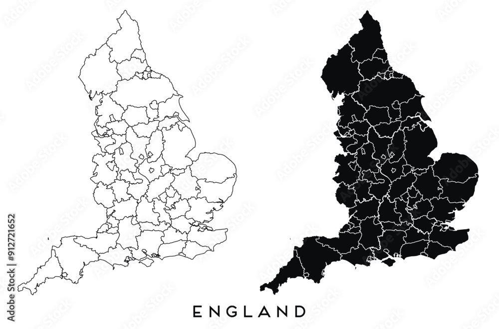 England map of regions districts vector black on white and outline ...