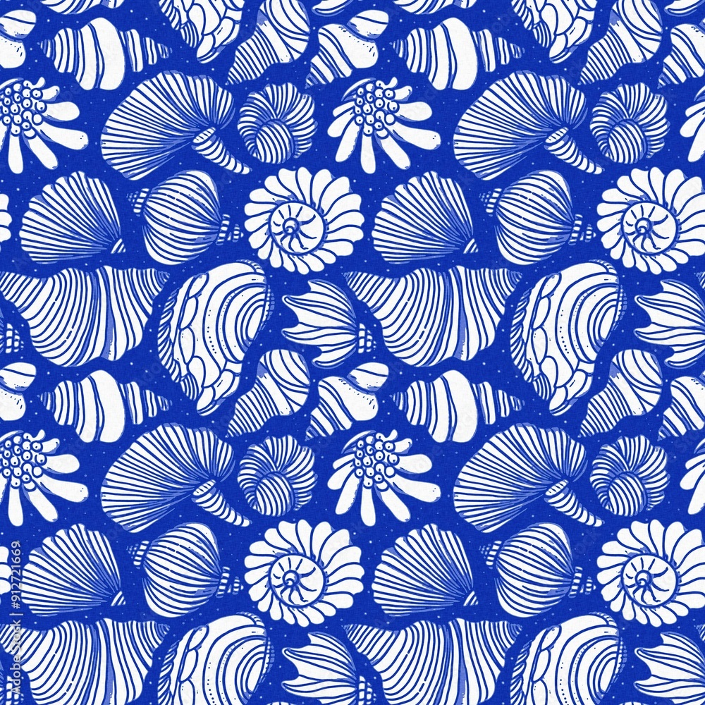 Azure blue white shell motif with linen seamless batik background ...