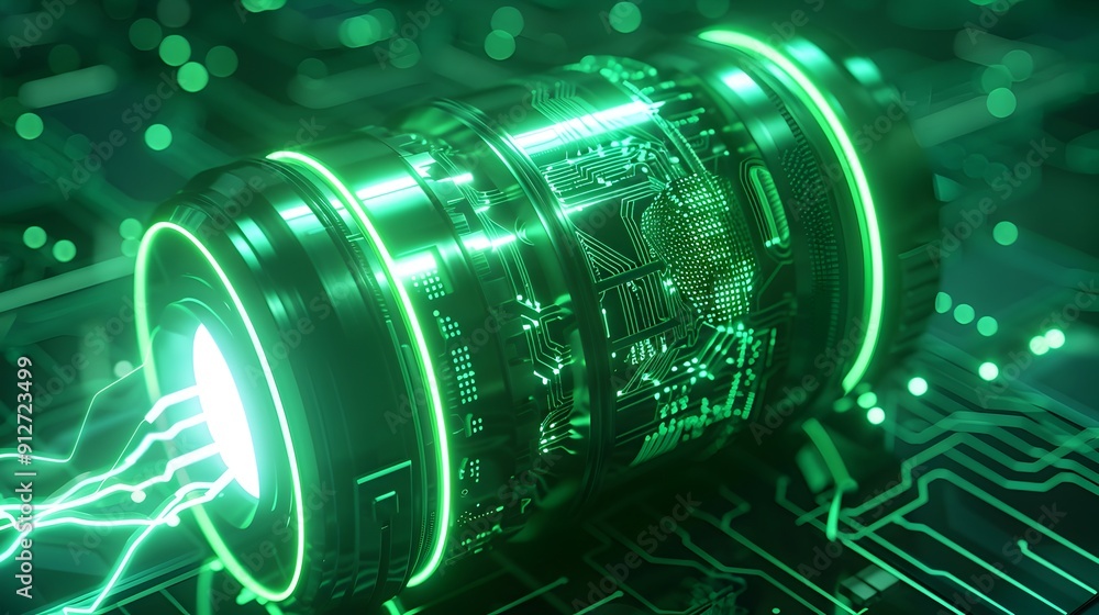 photography of a glowing green power neon futuristic energy storage ...