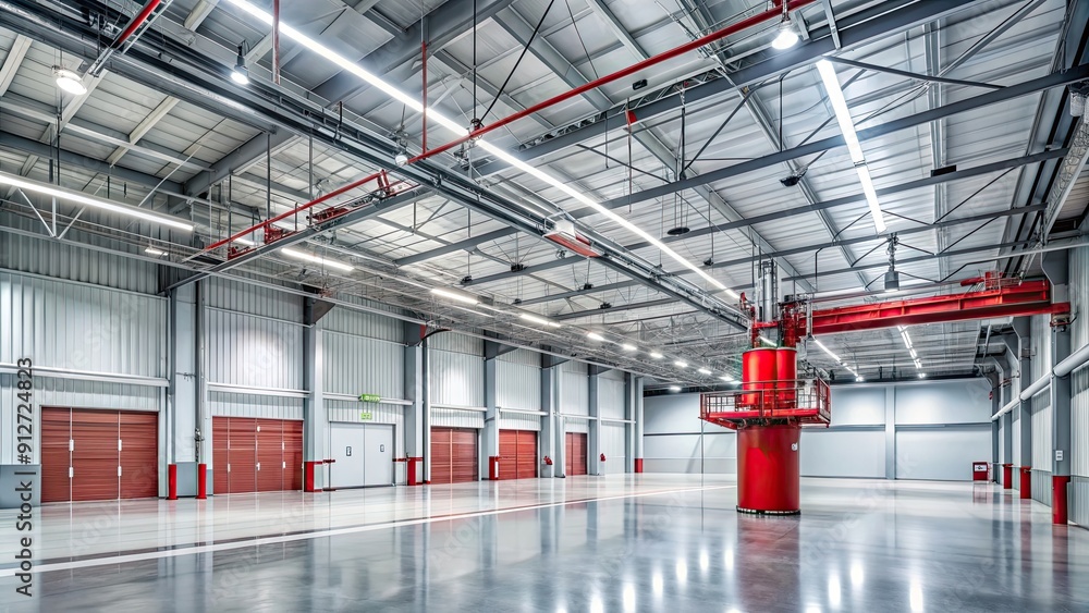 Fire suppression system installed on clean industrial walls and ceiling ...
