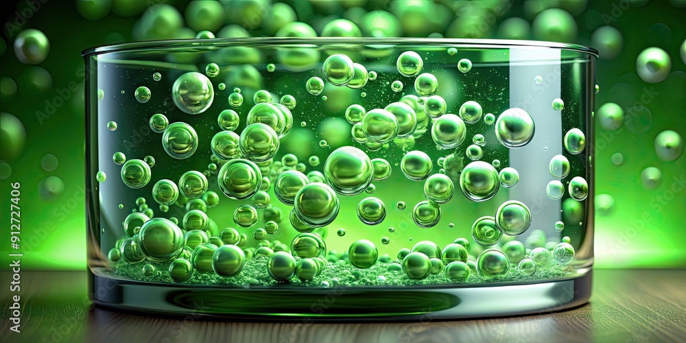 Effervescent green bubbles floating over glass container, underwater ...