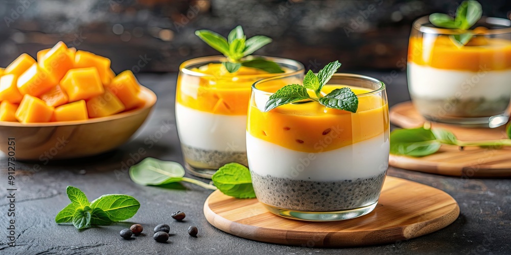 Delicious mango cheese milk dessert with jelly, nata de coco, basil ...