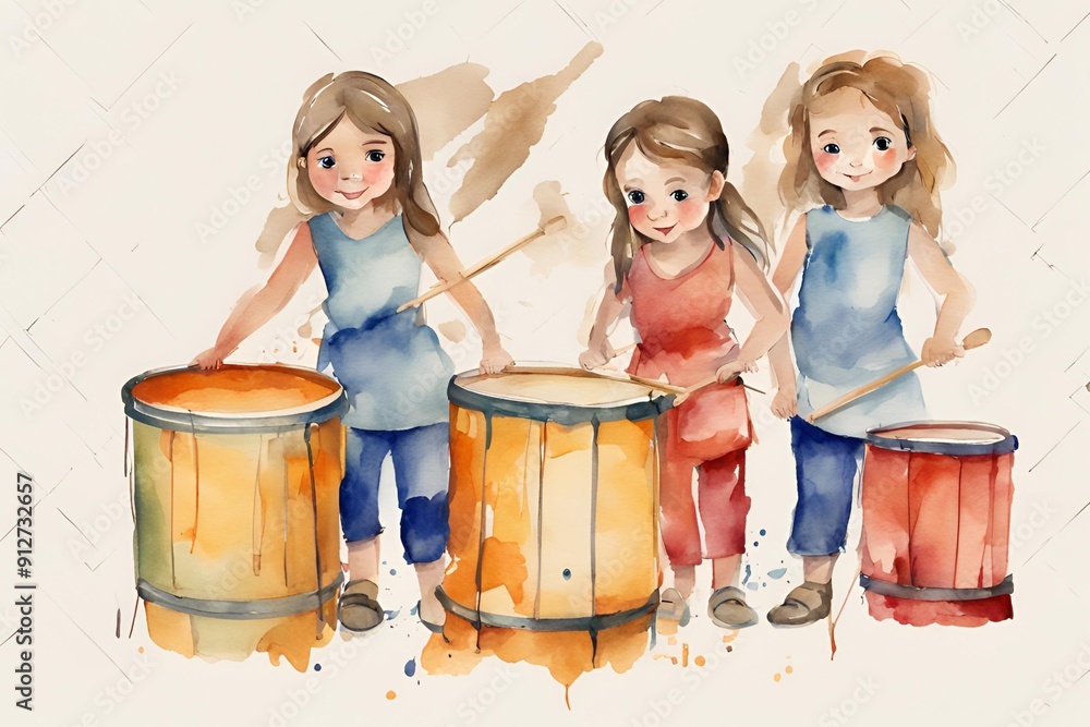 water color a group of kids playing drums on 5 gallon buckets Stock ...