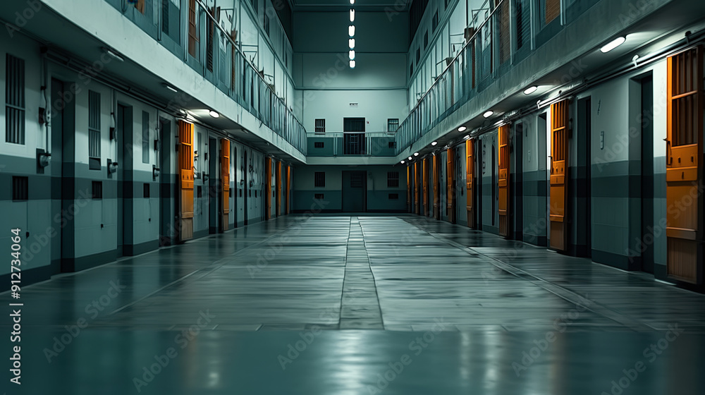 Interior view of a prison corridor with rows of cells on both sides ...