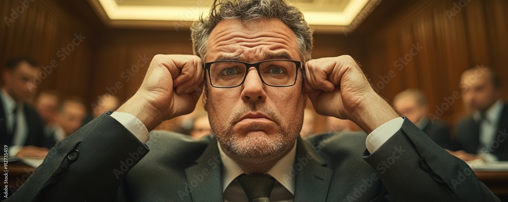 Concerned man in a formal setting, symbolizing stress and pressure ...