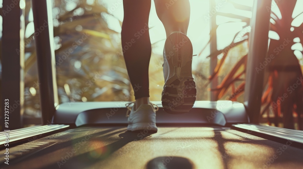 Runner's low perspective on a treadmill in a sunlit gym early in the ...
