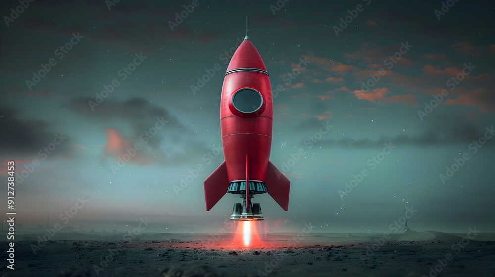 Fiery red rocket soaring upwards in a vibrant retrofuturistic landscape ...