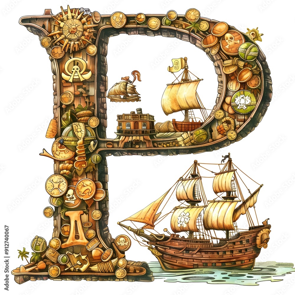 Vintage Pirate Ship and Treasure Letter P for Sticker or Shirt Design ...