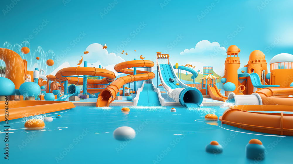Colorful water park with multiple slides and splash zones, featuring ...