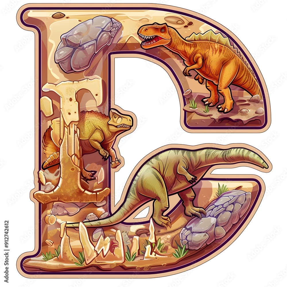 Dinosaur Themed Letter D with Fossils for Shirt Design on White ...