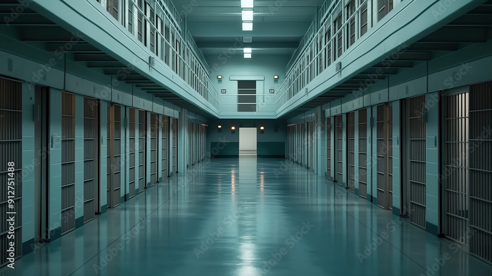 Empty hallway of a correctional facility with prison cells on both ...