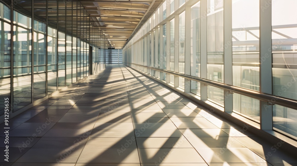 Sunlight streams through a modern glass corridor, casting long ...