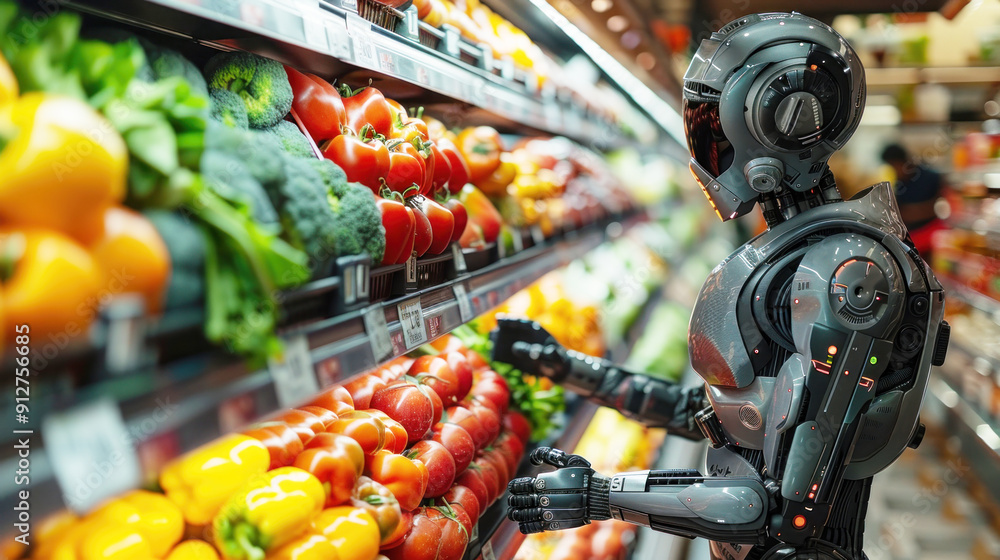 Modern humanoid robot arranging fresh vegetables on a supermarket shelf ...