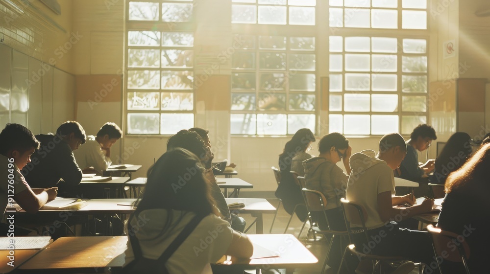 Students bent over their desks, diligently working under the soft glow ...