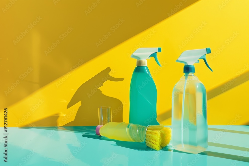 Colorful cleaning supplies including spray bottles and a scrub brush ...