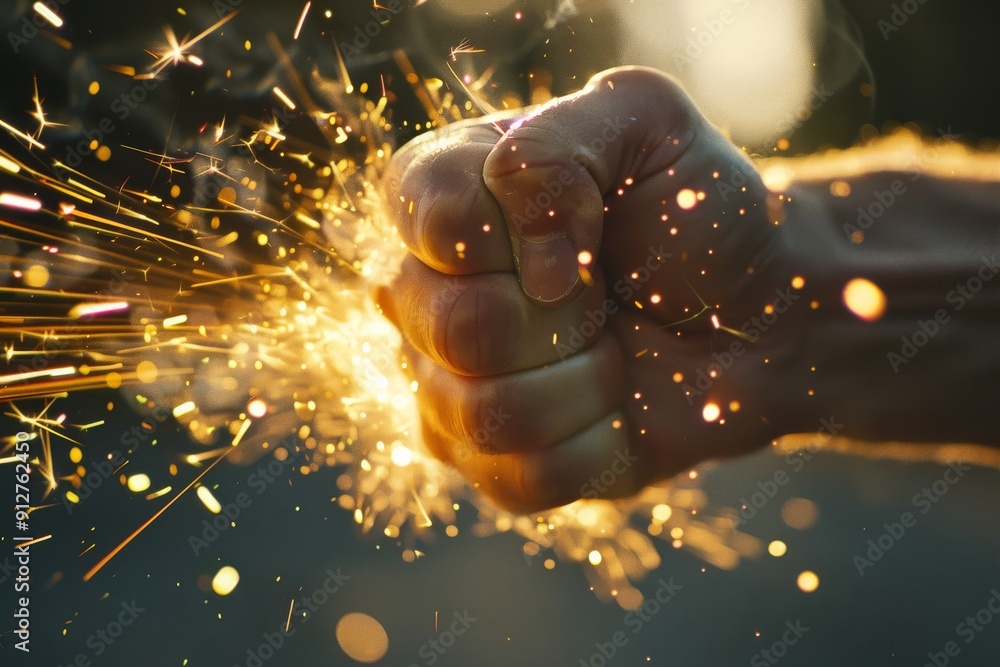 A clenched fist emitting sparks, capturing a powerful moment of force ...